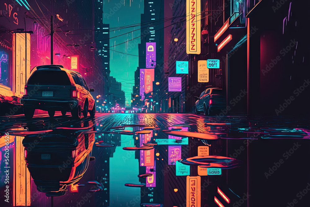 Abstract neon megacity with streetlights reflecting light from puddles ...