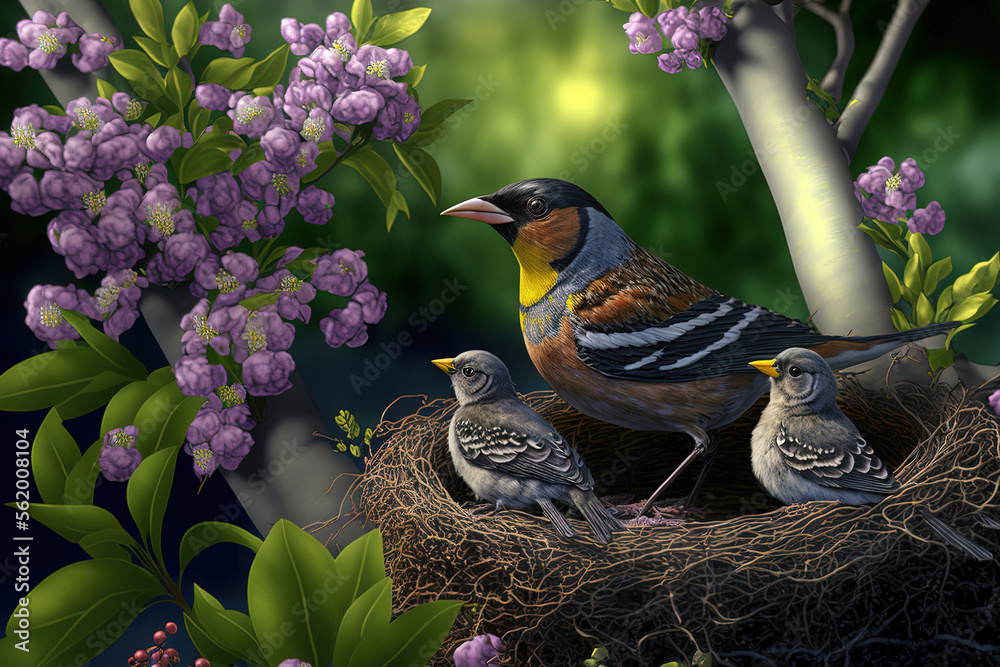 songbird male Finch feeds its hungry Chicks in a nest in a spring ...