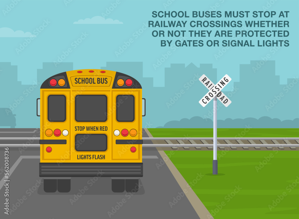 Safe driving tips and traffic regulation rules. School buses must stop ...