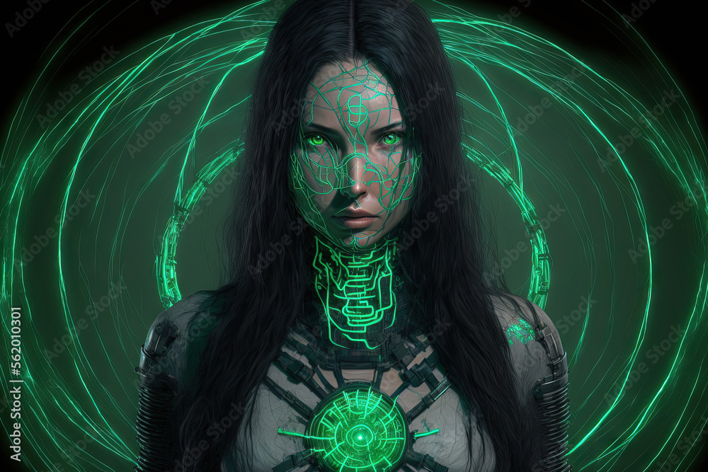 Ilustração do Stock: Cyborg girl portrait in a dark environment with ...