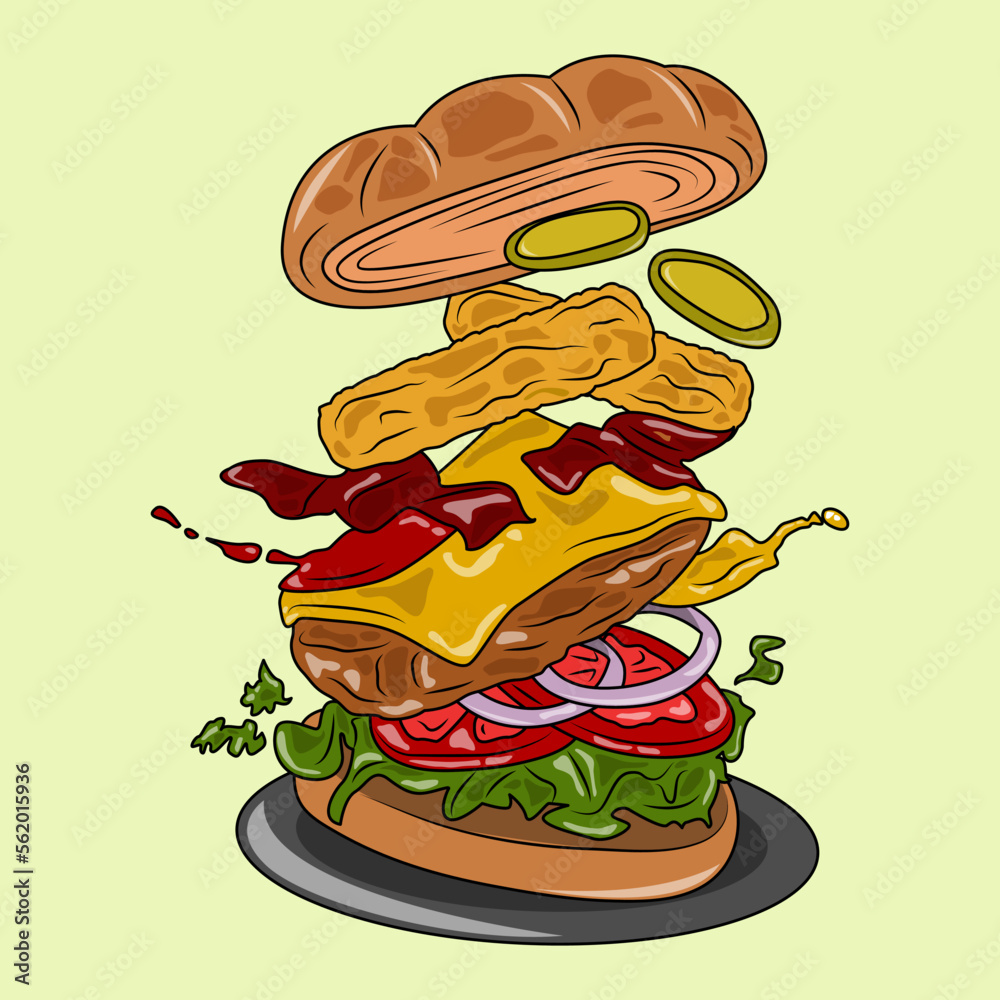 Vector cartoon of burger flying ingredients. Fast food. Cheeseburger ...
