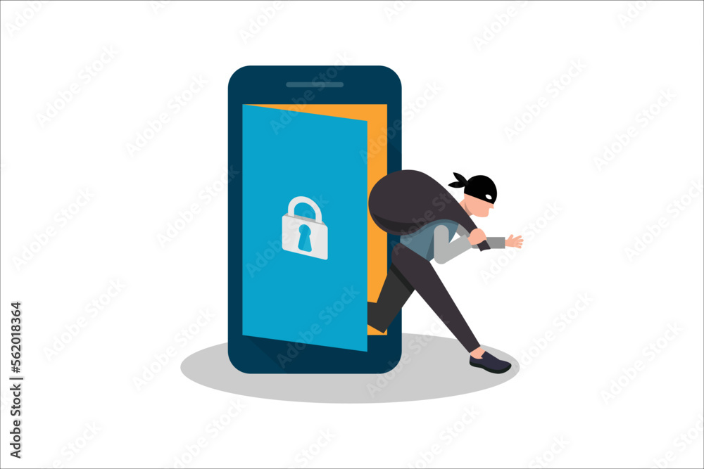 Cyber thief, hacker, get out of the door with a bag of personal ...