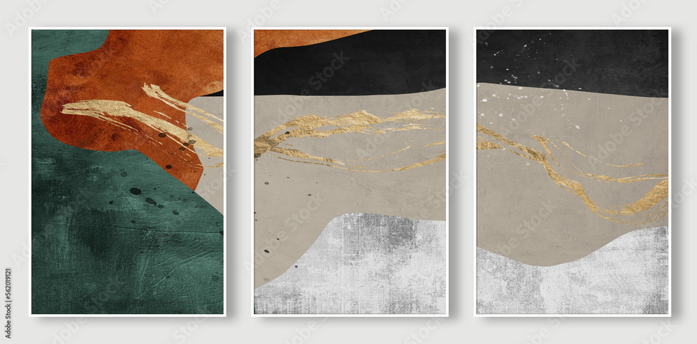 Abstract watercolor geometric art pattern, gold line texture, gray ...