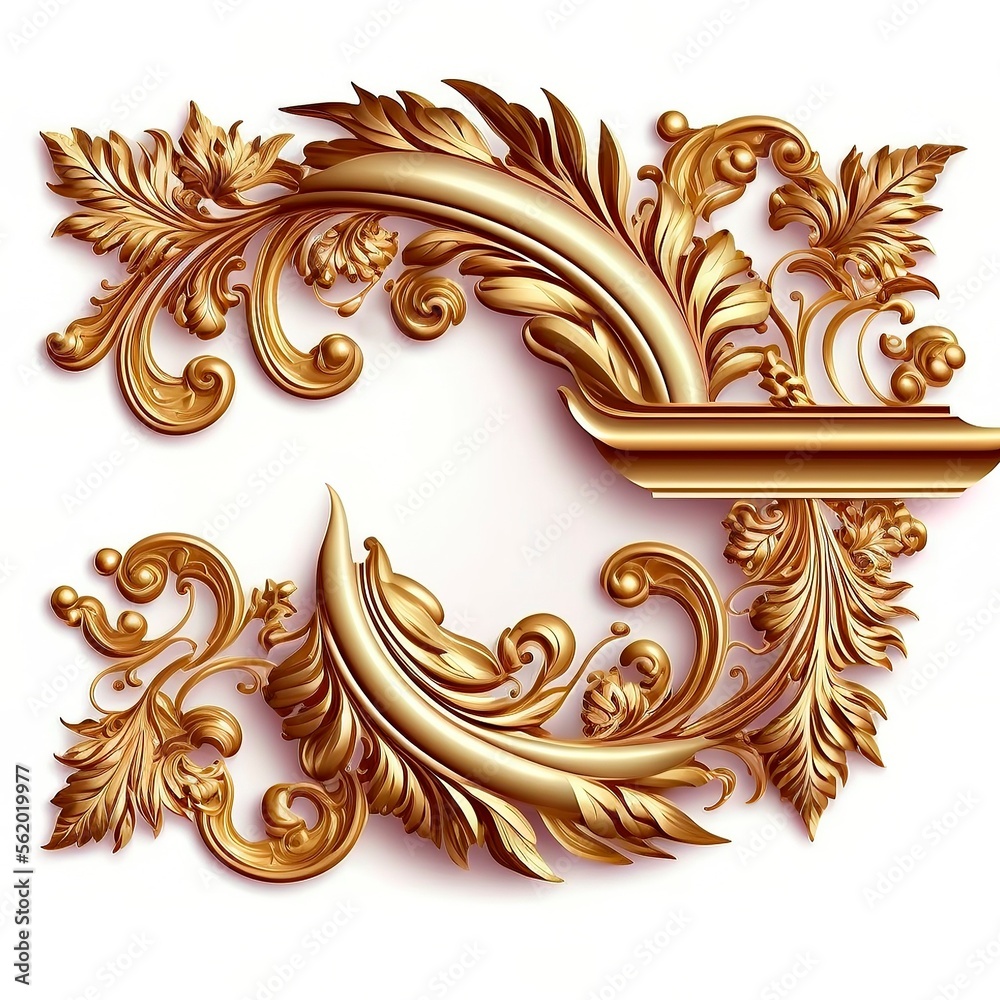 Golden baroque ornament on white background. Antique style gold flowers ...