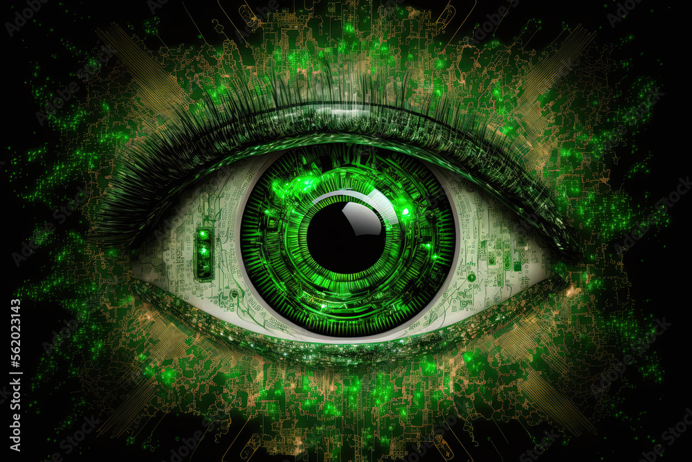 eye iris and green electronic circuit. Generative AI Stock Illustration ...
