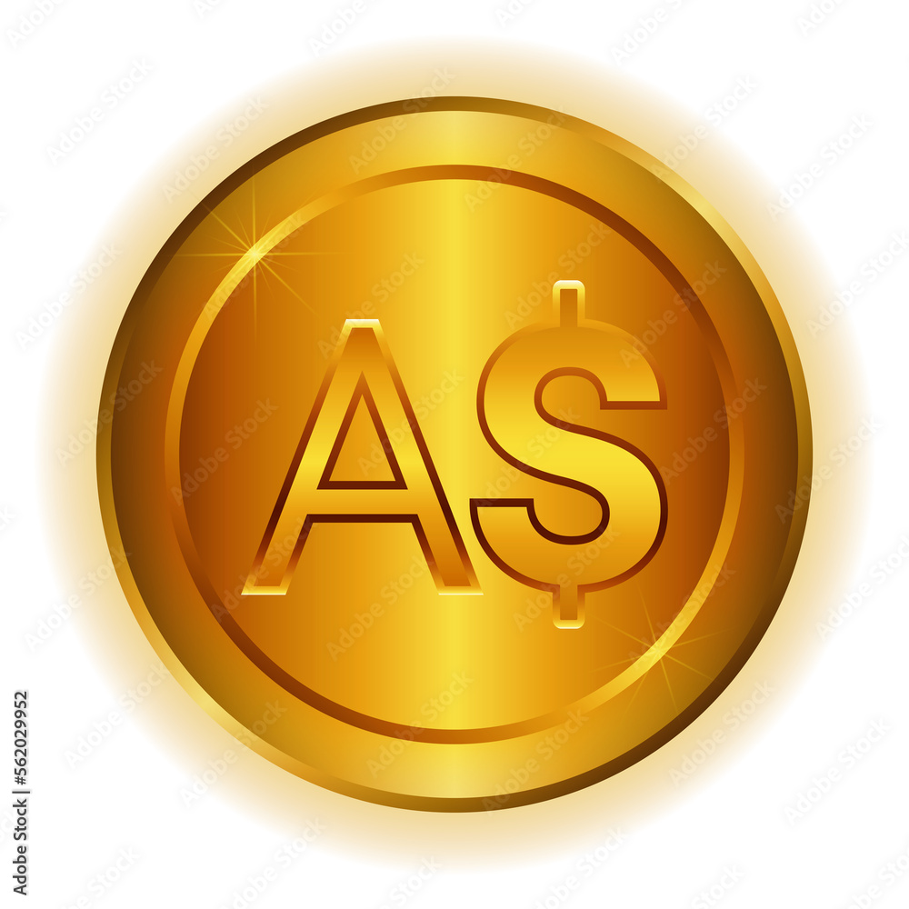 The Australian dollar symbol. A single gold coin is isolated on a ...