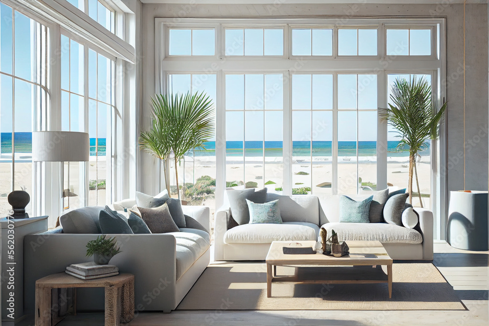 Large living room with a sea view in a lavish summer beach home, modern ...