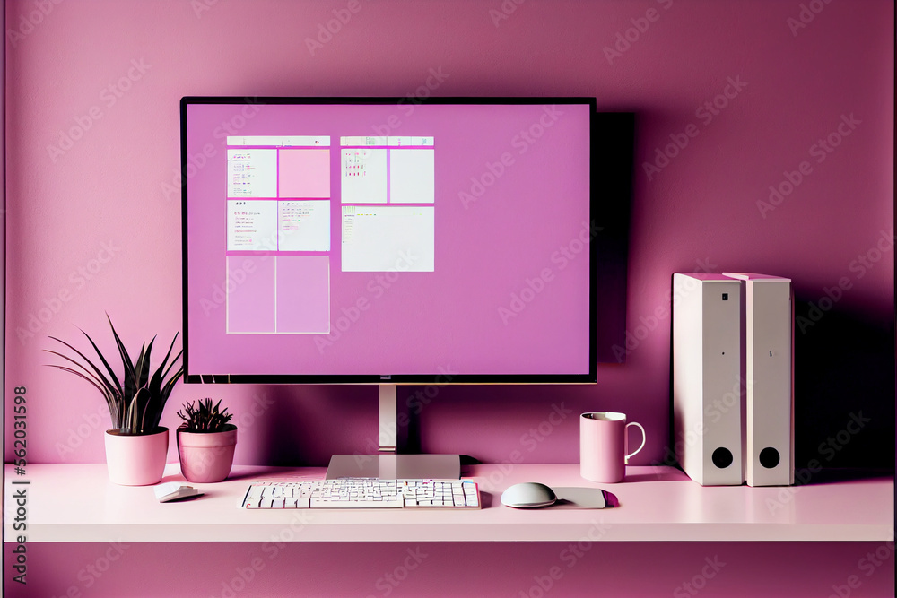 Background image of minimal home office setup with computer screen and planning charts against ...