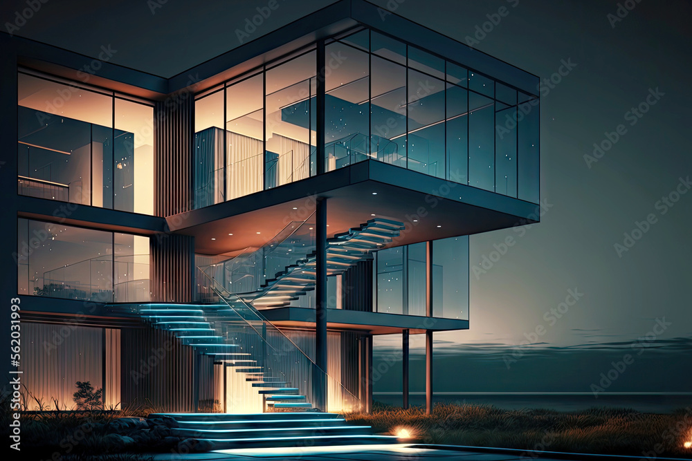 illuminated staircase in modern mansion modern futuristic building with ...