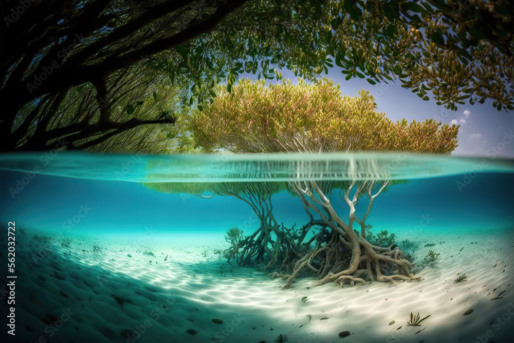 Underwater photograph of a mangrove forest with flooded trees ...