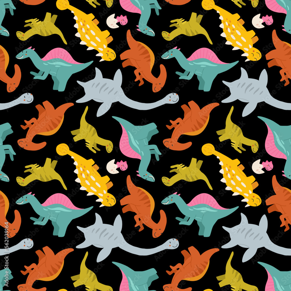 Vector seamless pattern with cute baby dinosaurs. Hand drawn ...