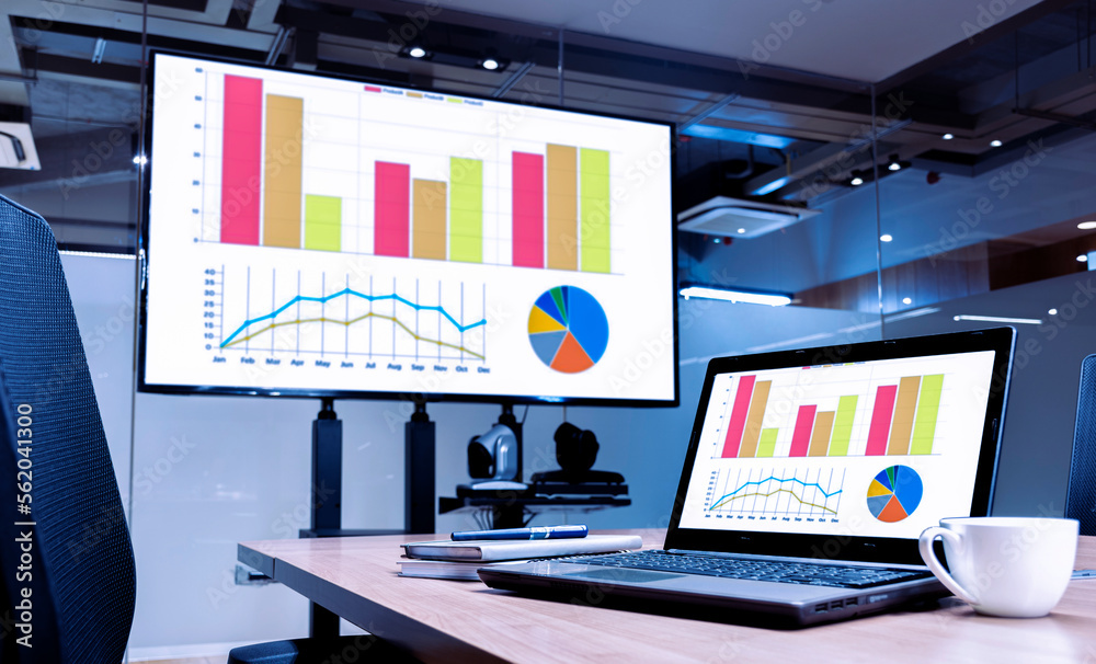 Laptop and television with presentation slideshow in meeting room Stock ...