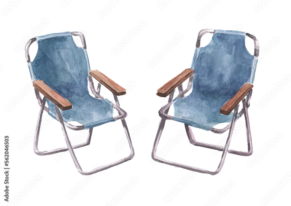 Hiking tourist chair and folding table set. Hand drawn watercolor ...