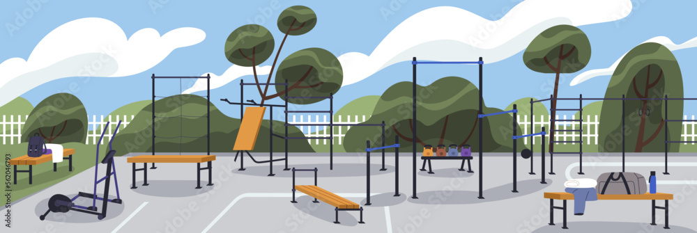 Sport ground, street workout park with fitness equipment. Outdoor gym ...