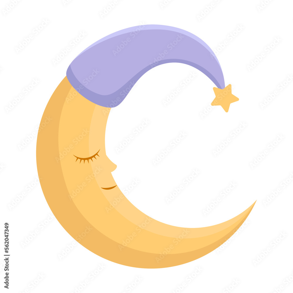 Cute good night bright crescent moon in a nightcap, vector illustration ...