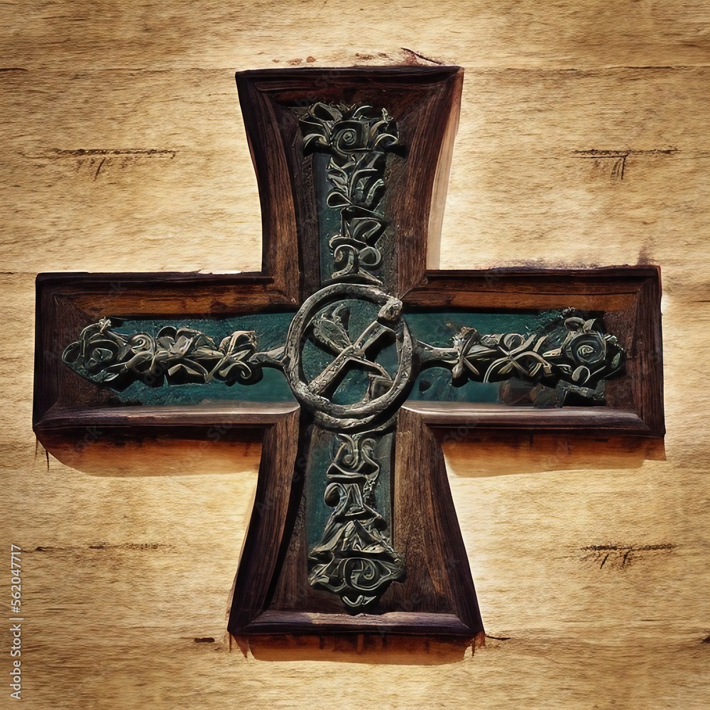 Croix Chrétienne ancienne en pierre et en bois avec des incrustations ...