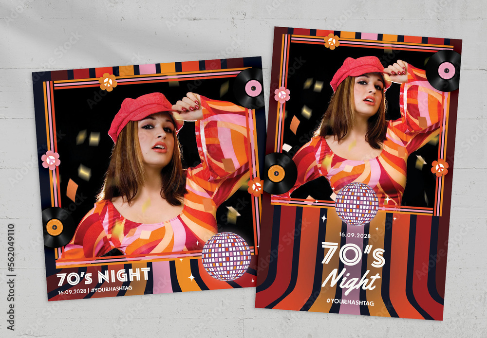 70s Night Photo Booth Photo Card Layout Stock Template | Adobe Stock