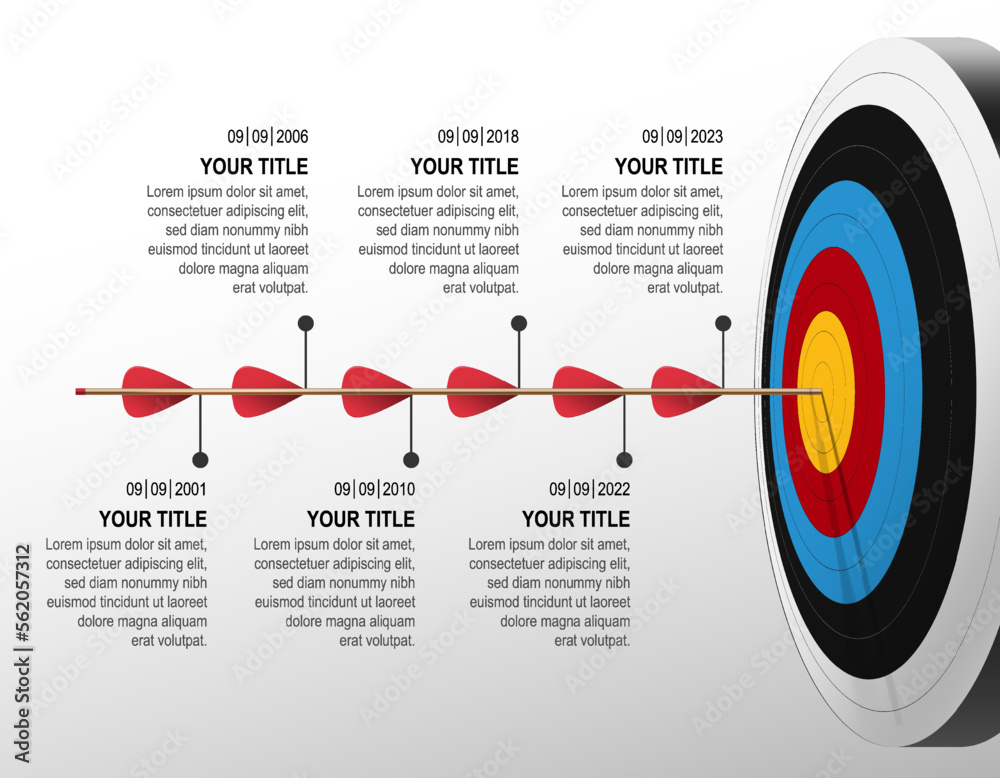 Arrow hit to dartboard with infographic. target step timeline left to ...