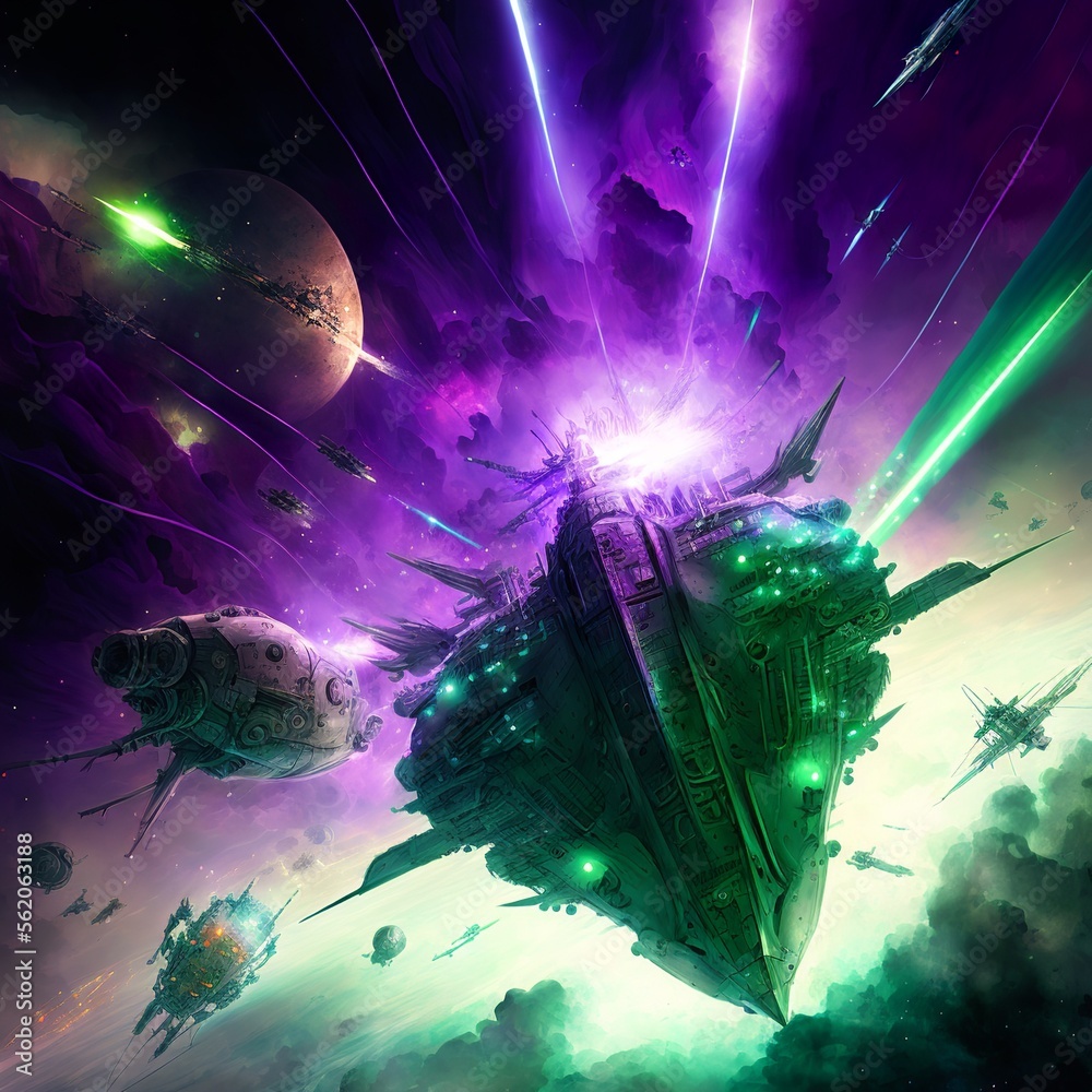 Gigantic space dreadnought releasing a swarm of fighters in an epic ...