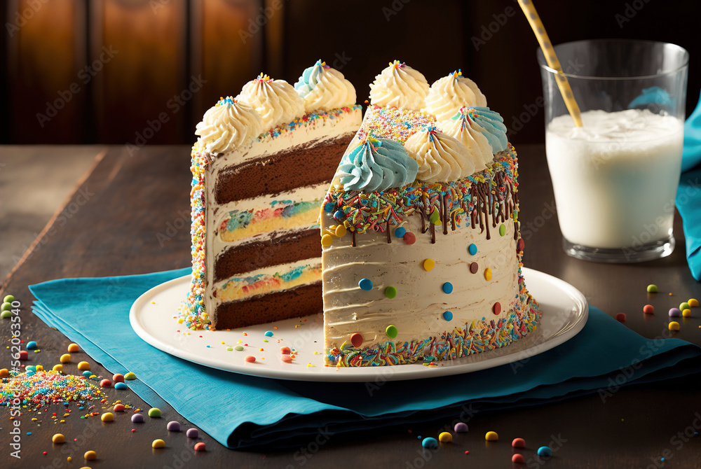 An elegant and beautifully decorated mouthwatering cake with a slice ...