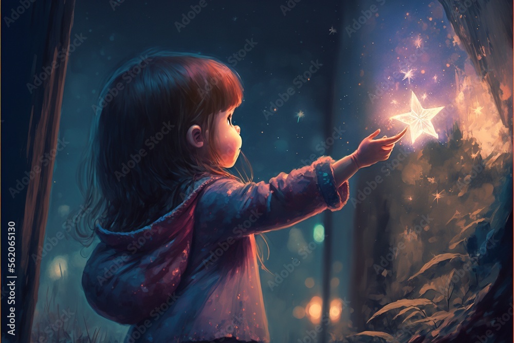 A young girl standing during the day reaching out to grab a star in the ...