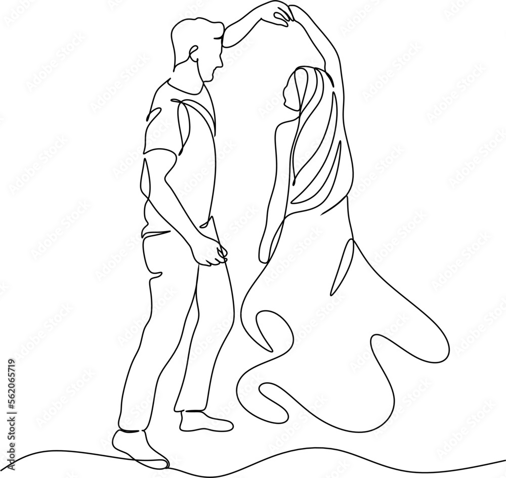 Single one line drawing happy cute married man and woman dancing on the ...