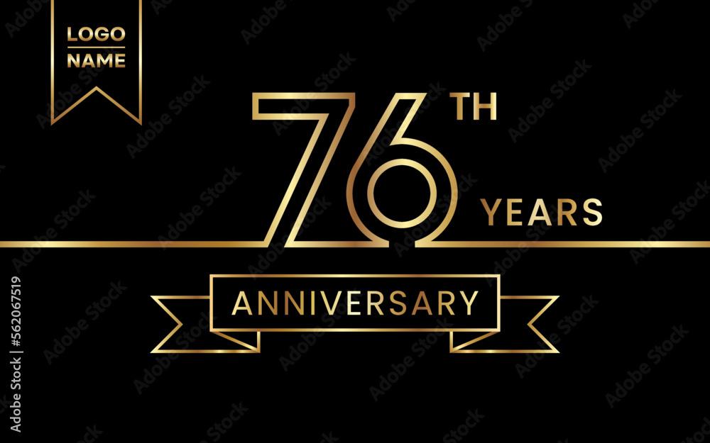 76th Anniversary template design with gold color text and ribbon for ...