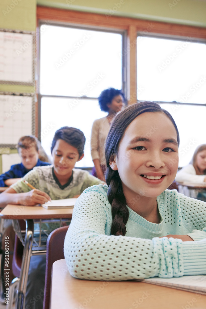 Portrait, girl and classroom for school, education and learning for ...