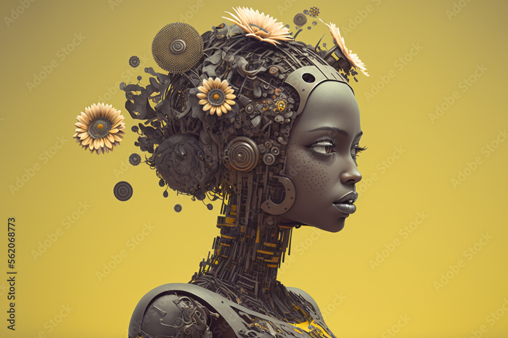 African cyborg girl. The concept of a mix of nature and technology ...