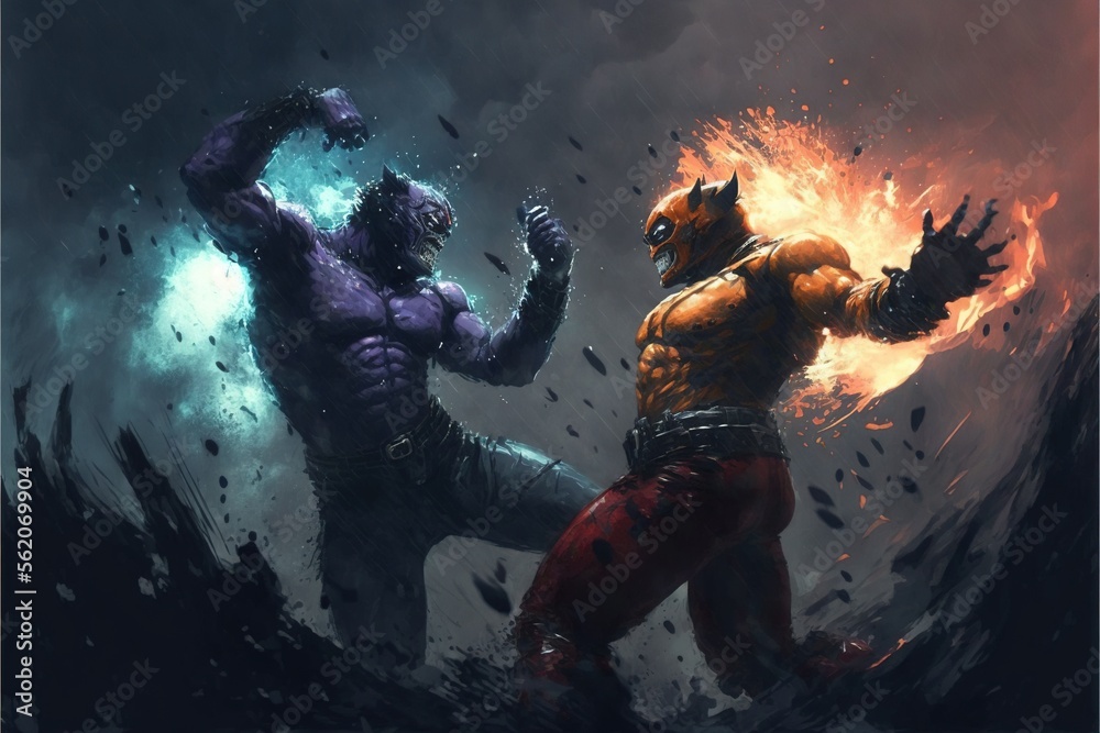 The fight scene between the hero and the villain, digital art style ...