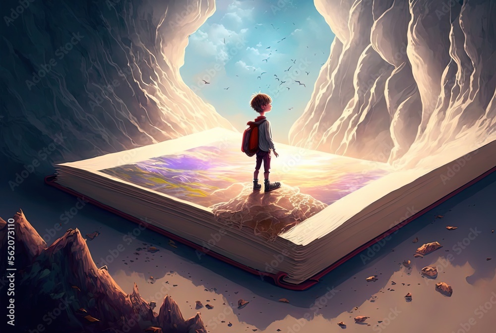 a boy stand on a giant book opened on ground with fairytale nature pop ...