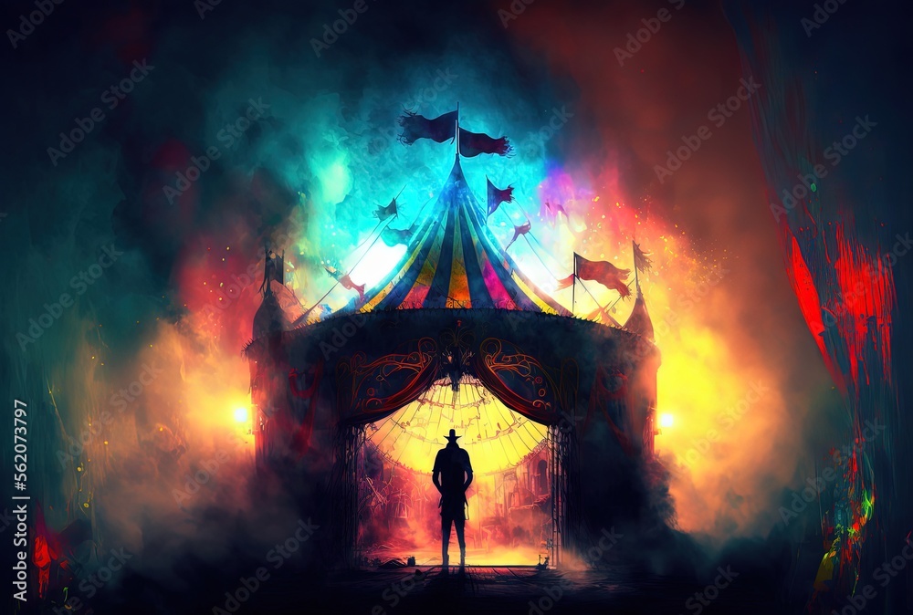 a man stand at the circus tent entrance, creepy circus in hellish ...