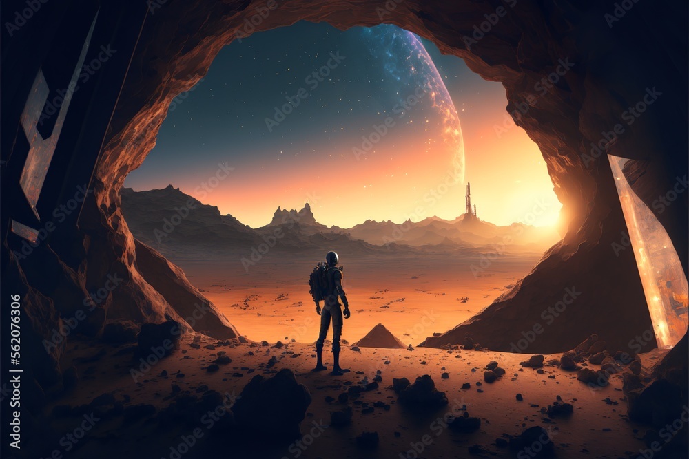 Time and space wanderer exploring a newly discovered moon next to a gas ...