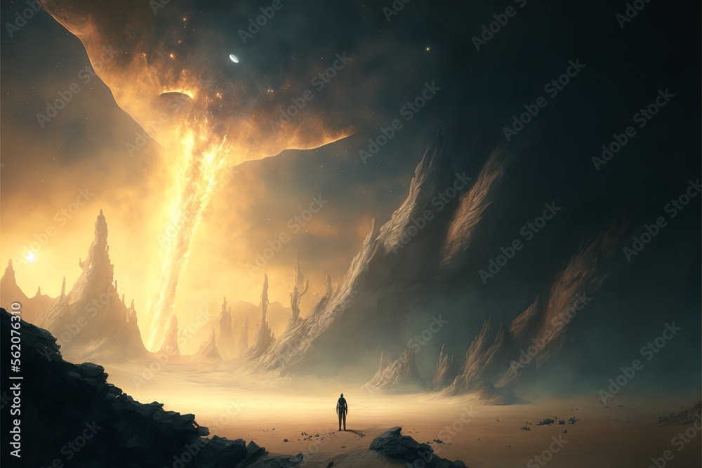 Time and space wanderer exploring a newly discovered planet with ...