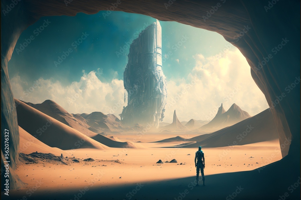 Time and space wanderer exploring a newly discovered planet with blue ...