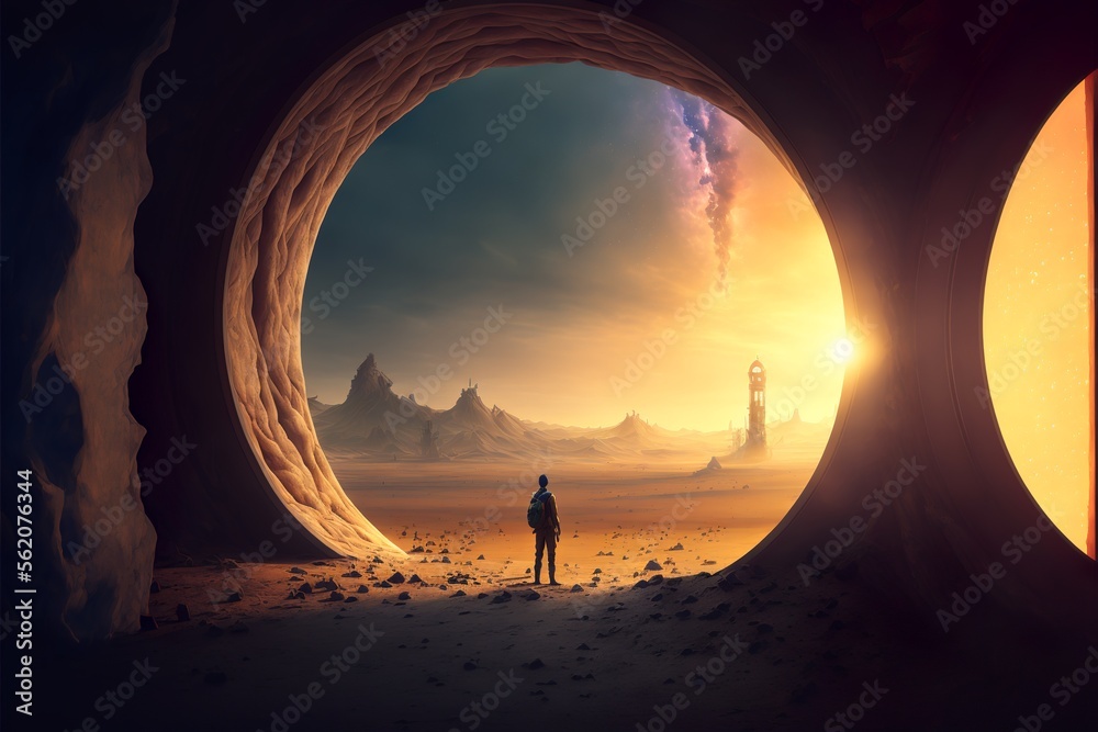 Time and space wanderer exploring a newly discovered planet from a cave ...