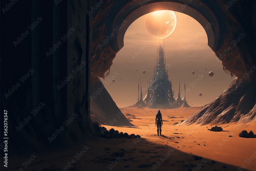 Time and space wanderer exploring a newly discovered planet from a cave ...