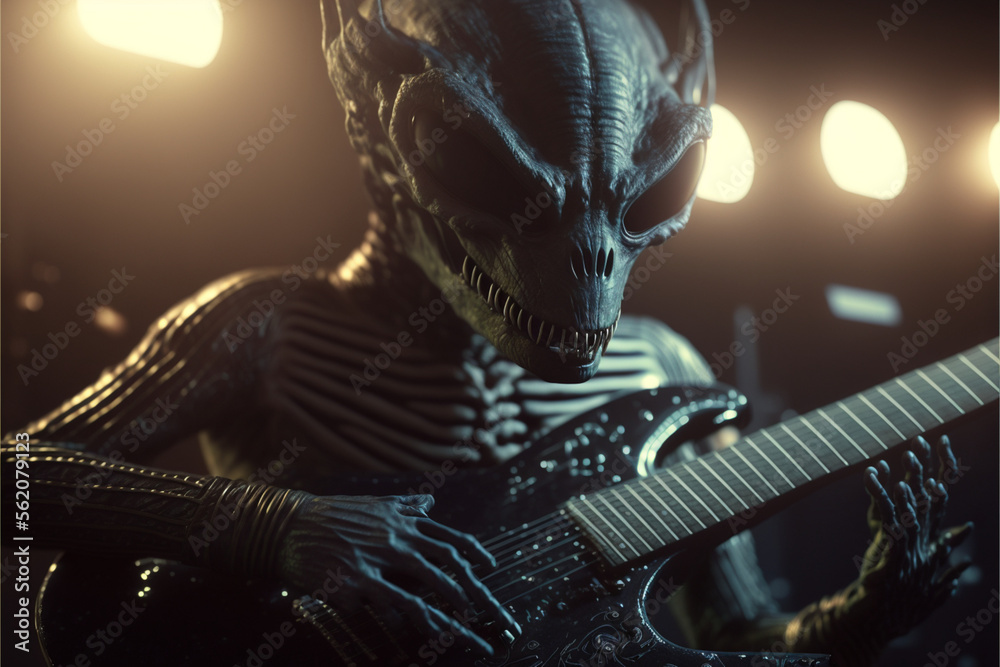 Realistic alien playing a guitar instrument AI technology generated ...