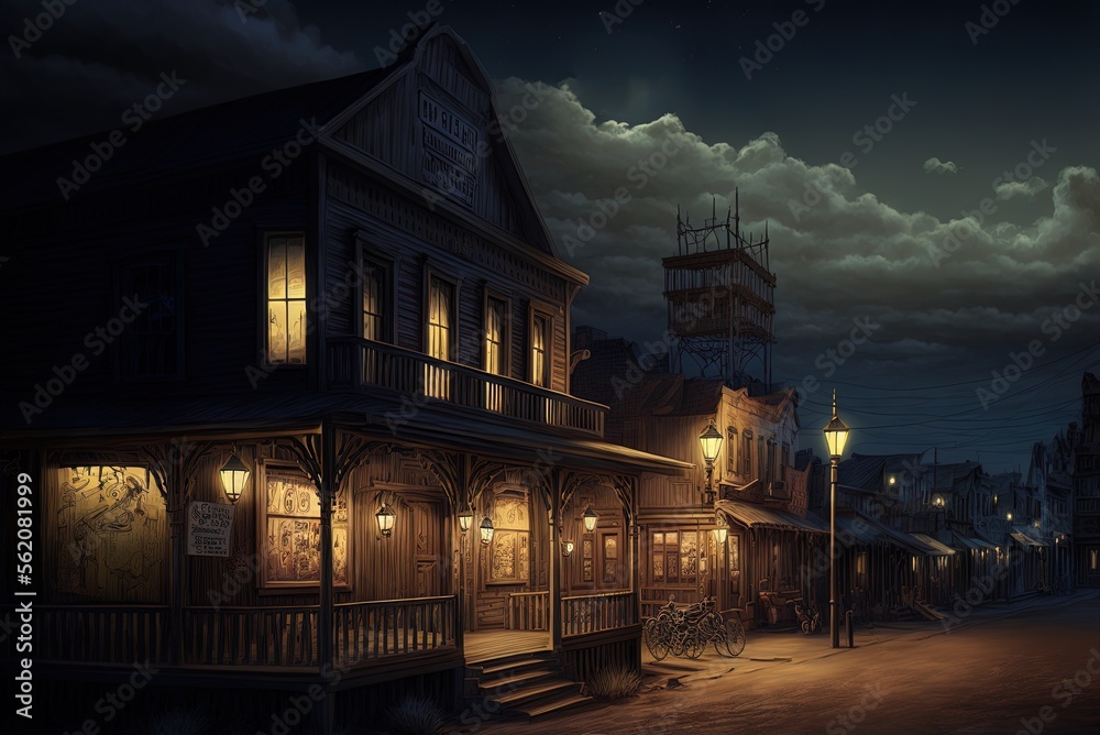 A Western town at night, with its historic structures illuminated ...