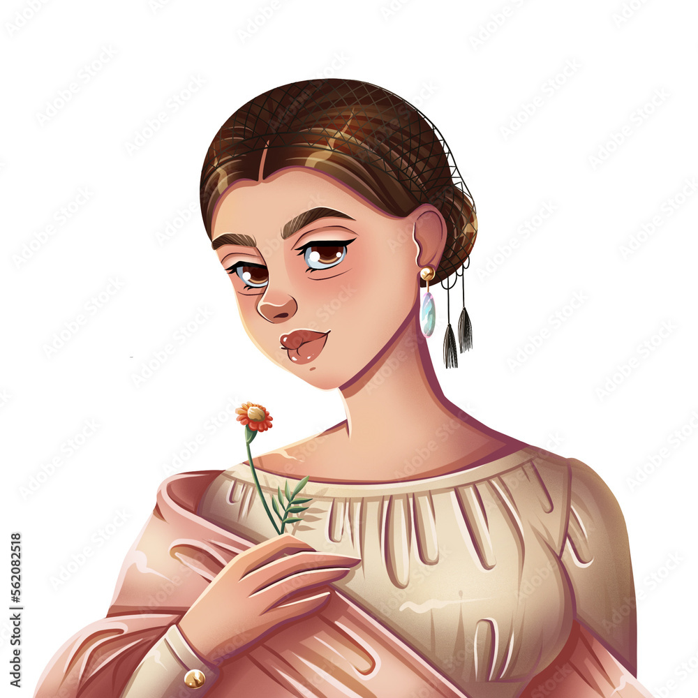 Portrait of romantic woman in dress with flower and jewerly on ...