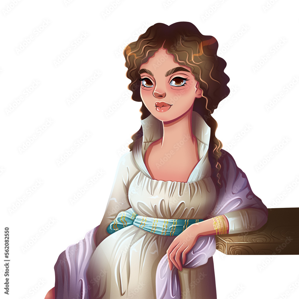 Portrait Of The Woman In Dress With Curly Hair Vintage Hand Drawn Character In Cartoon Style