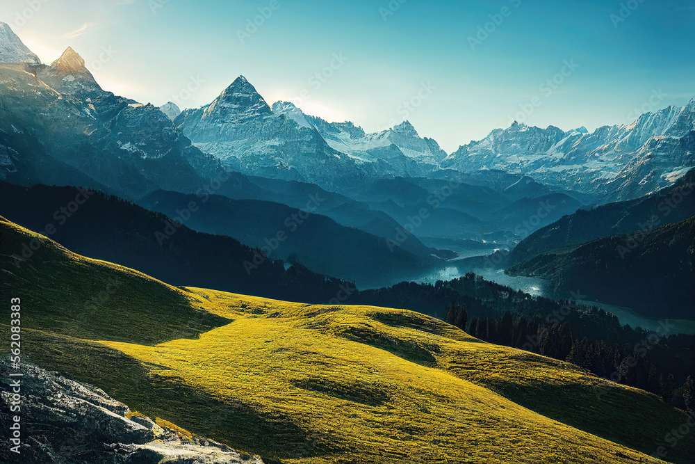 Idyllic alpine mountain landscape with lake and green meadow ...