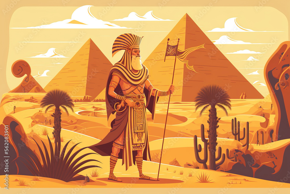 a king of ancient Egypt holding a rod, surrounded by pyramids in the ...