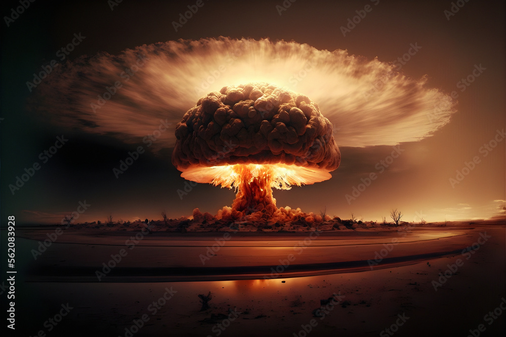 An explosion in a town's skyline making a nuclear fire mushroom cloud ...
