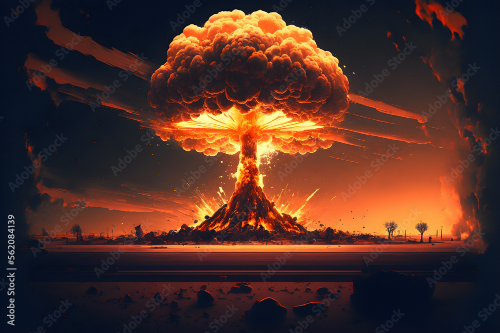 An explosion in a town's skyline making a nuclear fire mushroom cloud ...