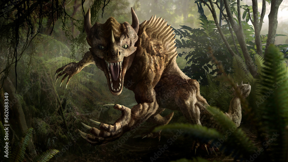 Predatory dinosaur with horns, spikes on the tail and a crest on the ...