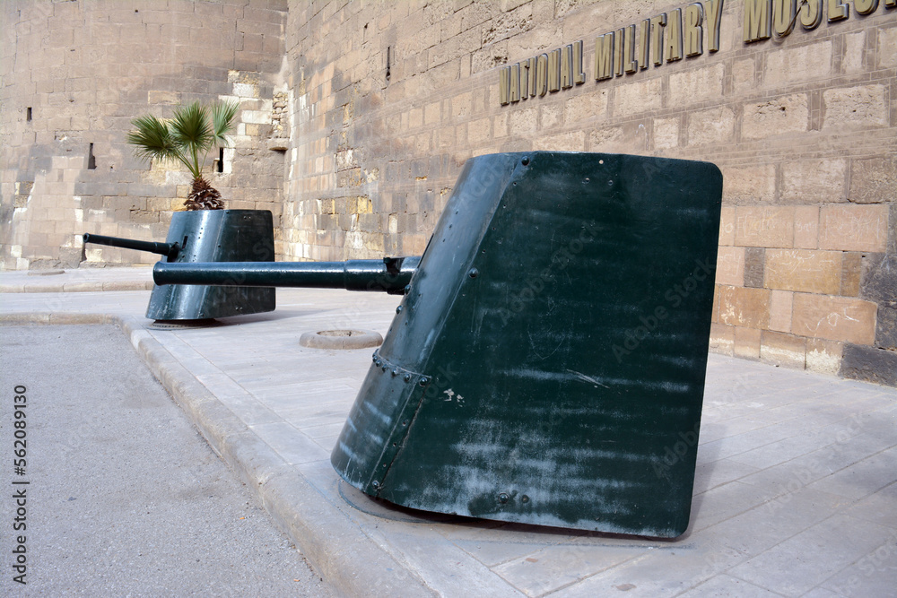 Cairo, Egypt, January 7 2023: old gun with a shield from the Egyptian national military museum ...