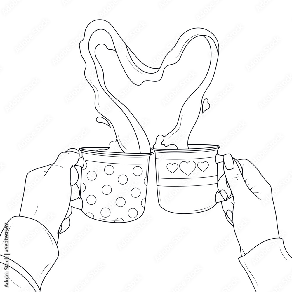Cups of coffee in the hands of a man and a woman. Heart shape.Coloring ...