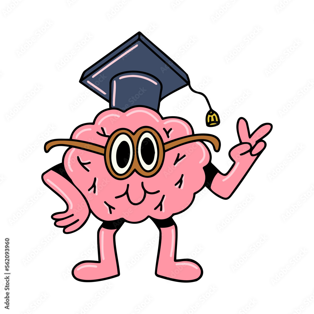 Brain vector cartoon character kawaii wear bachelor hat smart glasses ...