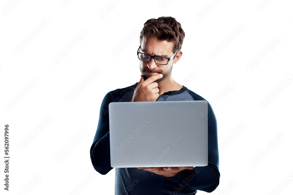 A handsome young man using a laptop and looking confused isolated on a ...